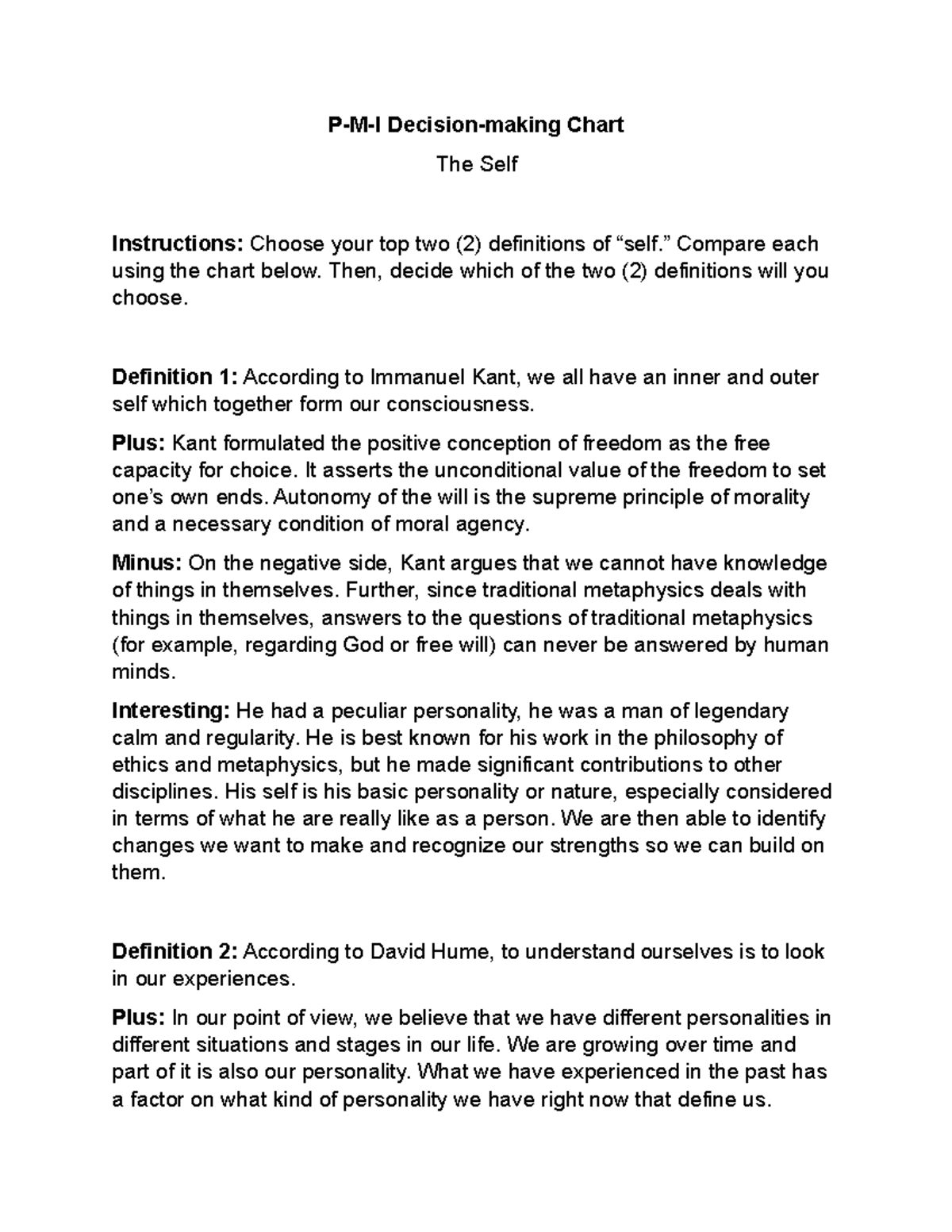 PMI Decision Making Chart - P-M-I Decision-making Chart The Self ...