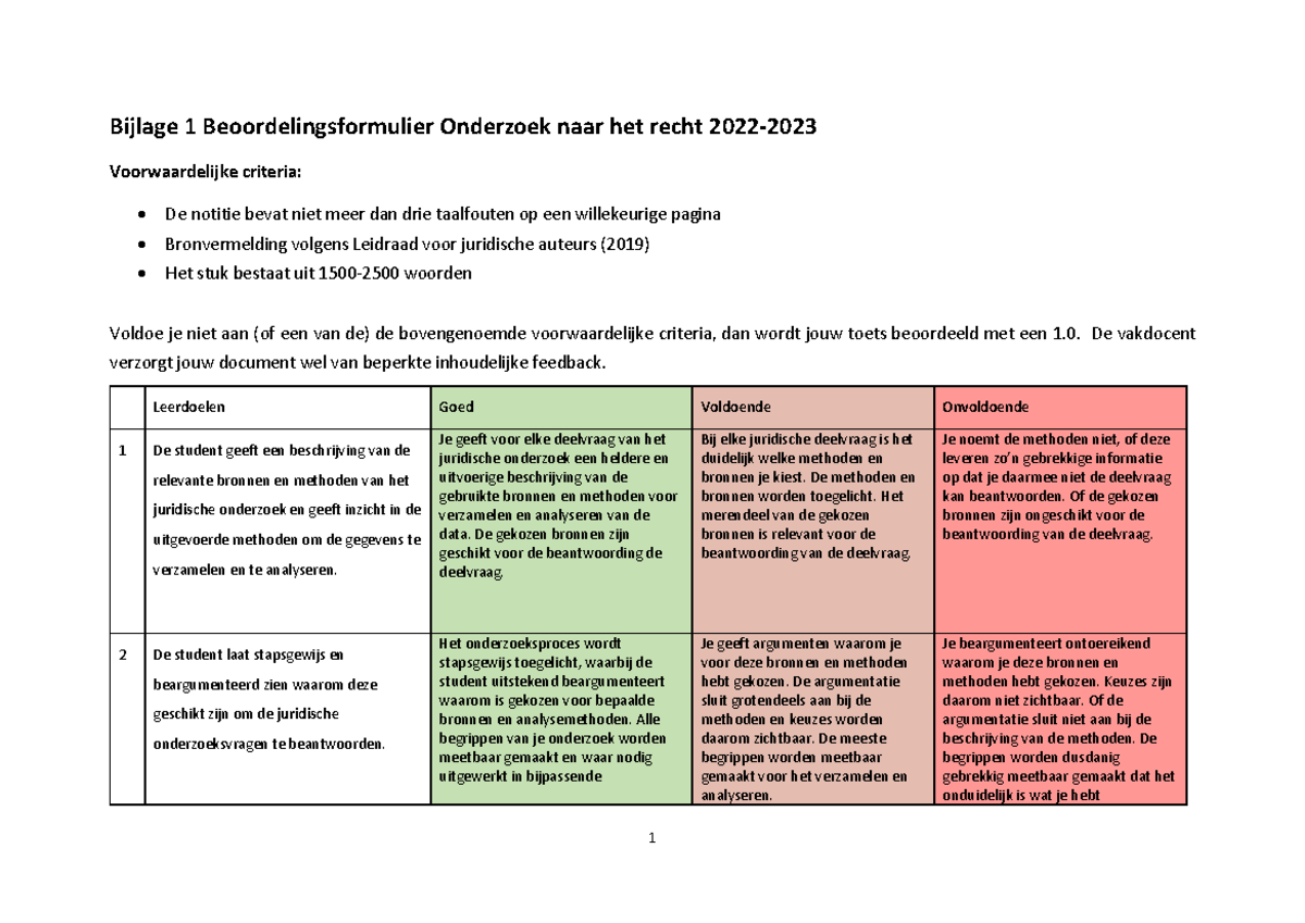 Beoordelingsformulier Onderzoek naar het recht 2022-2023 - Bijlage 1 Beoordelingsformulier ...