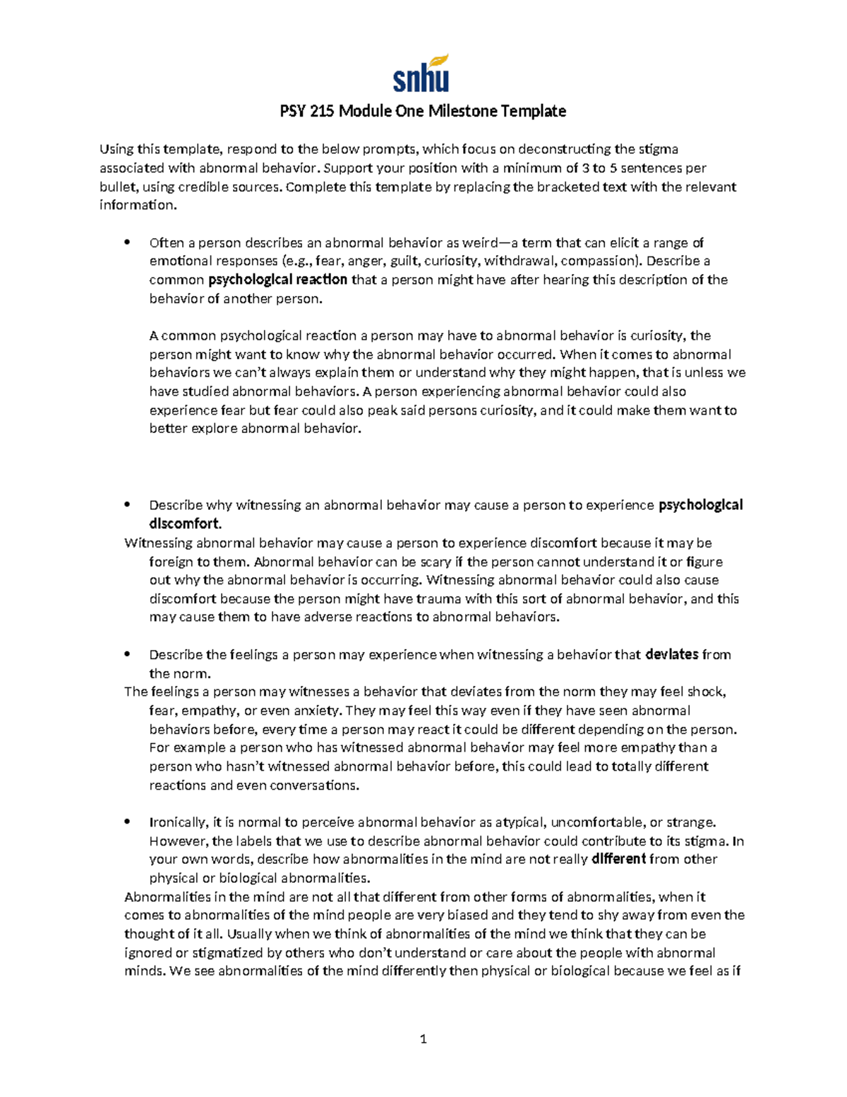 PSY 215 Module One Milestone Template - PSY 215 Module One Milestone ...