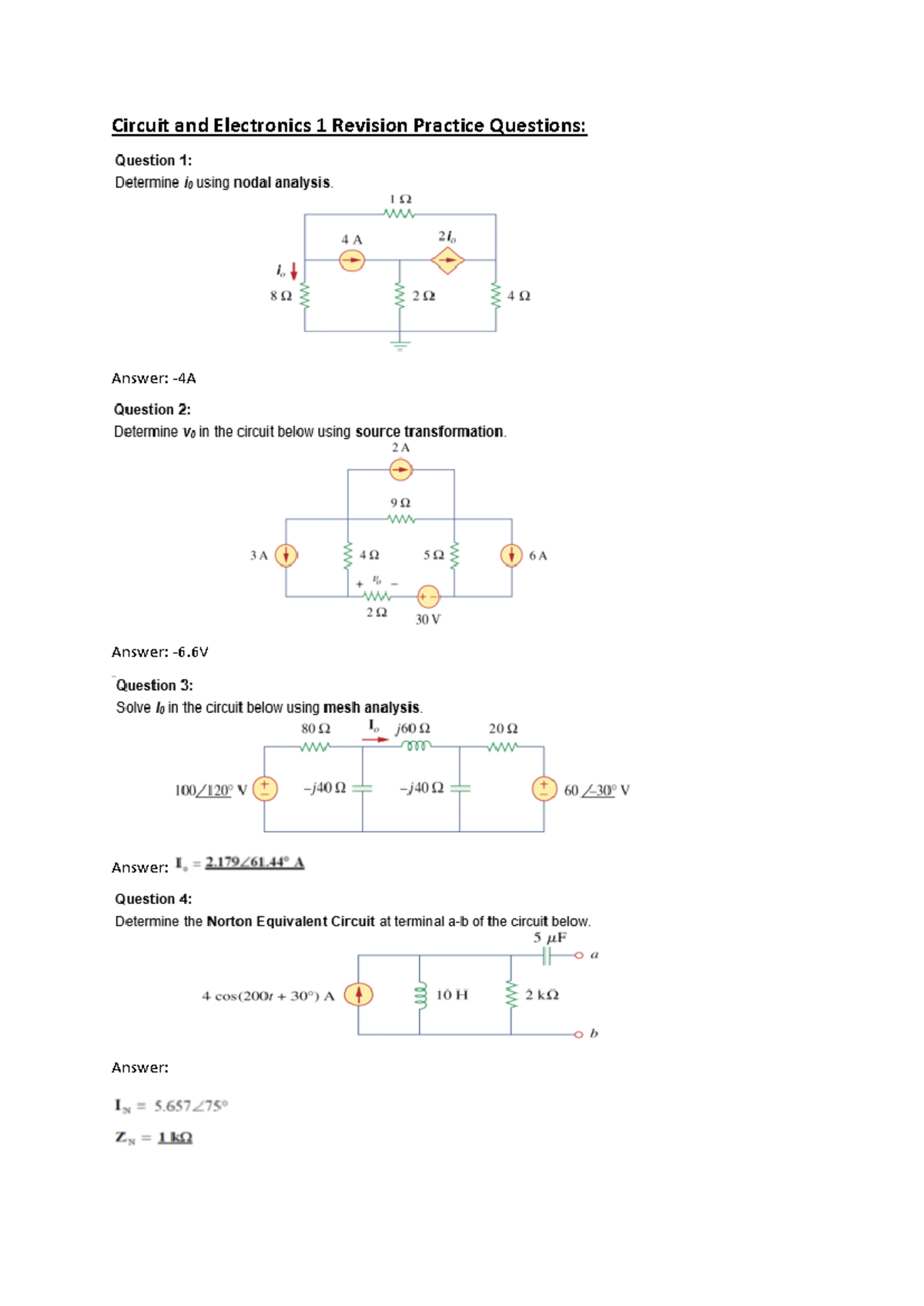 Circuit and Electronics 1 Revision Practice Questions(1) - Circuit and ...