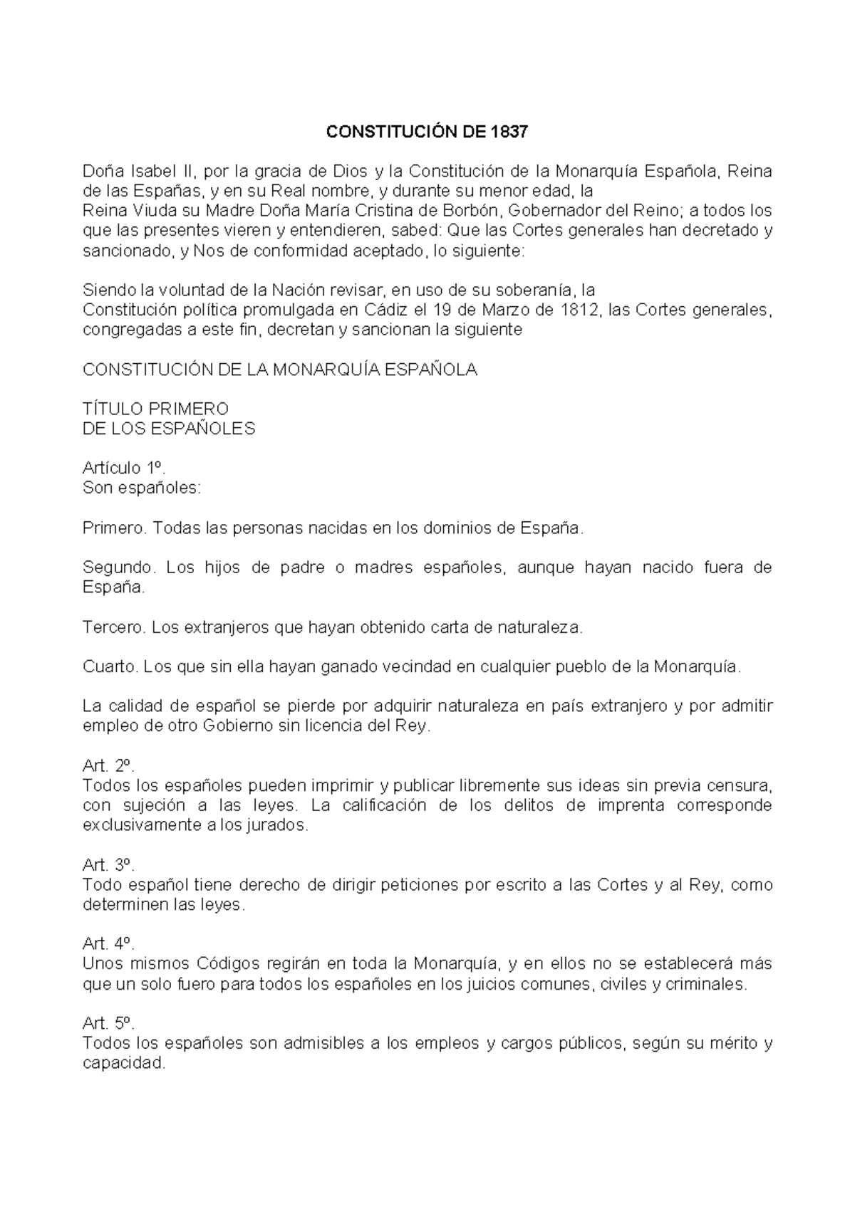 Constitución de 1837 - CONSTITUCIÓN DE 1837 Doña Isabel II, por la ...