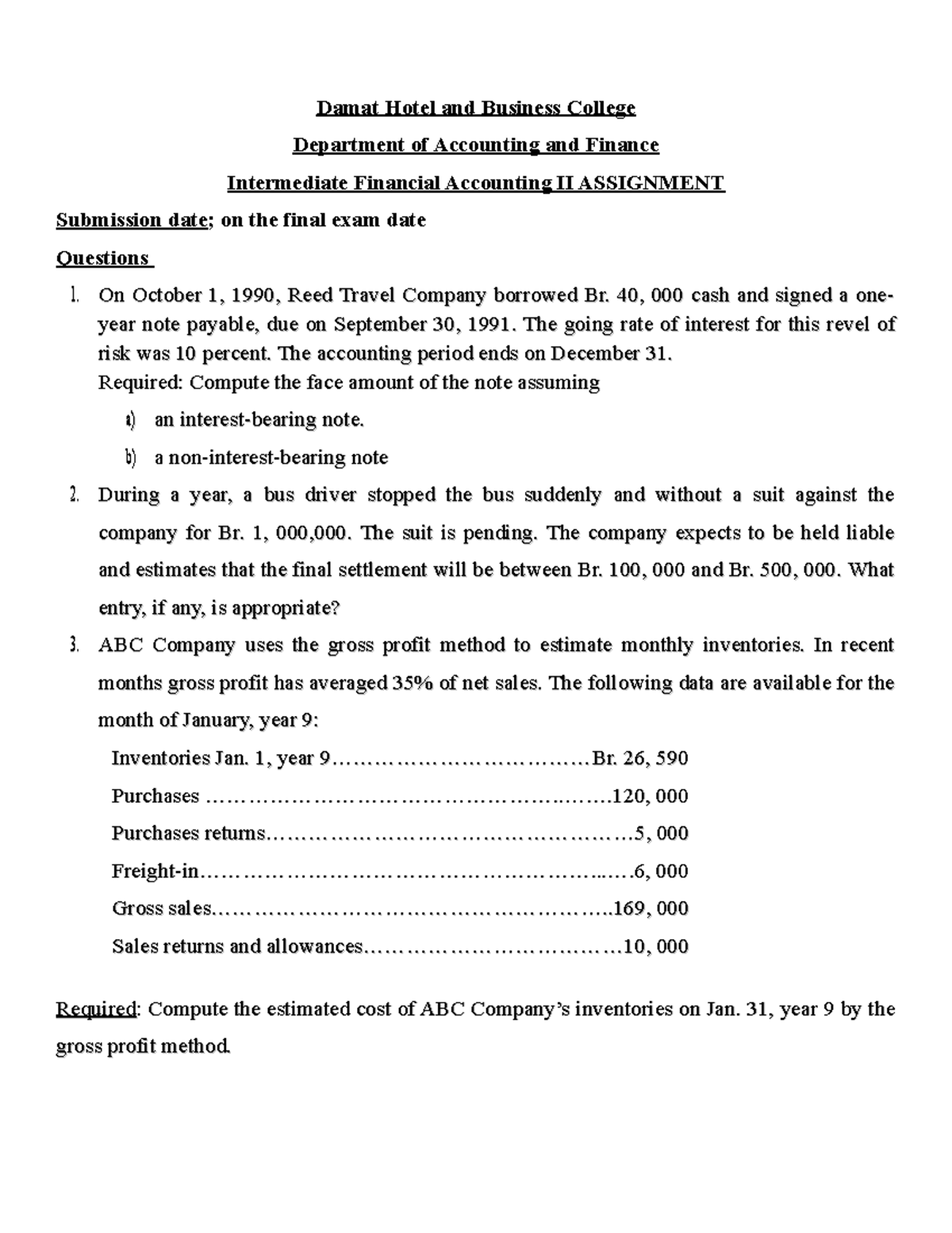 FA II Assign - exercise - Damat Hotel and Business College Department ...