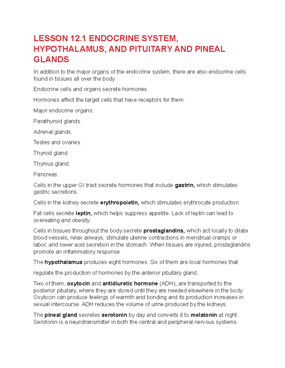 Lesson 12.1 Endocrine System, Hypothalamus, AND Pituitary AND Pineal ...