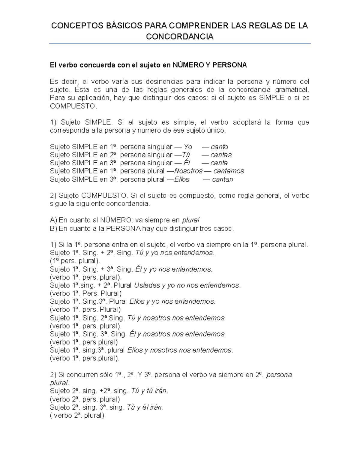 Concordancia - Ccc - CONCORDANCIA El verbo concuerda con el sujeto en N ...
