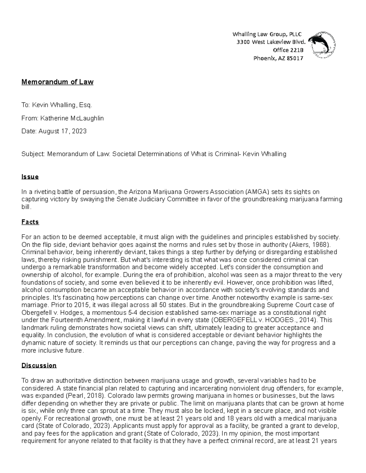 JUS430 T1 Memorandum of Law - Whalling Law Group, PLLC 3300 West ...