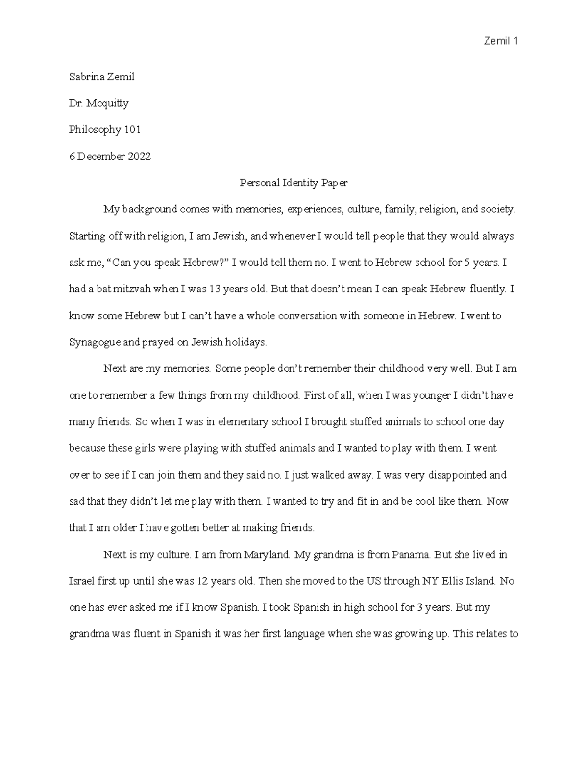 Philosophical Perspective Paper Sabrina Zemil - Zemil 1 Sabrina Zemil ...