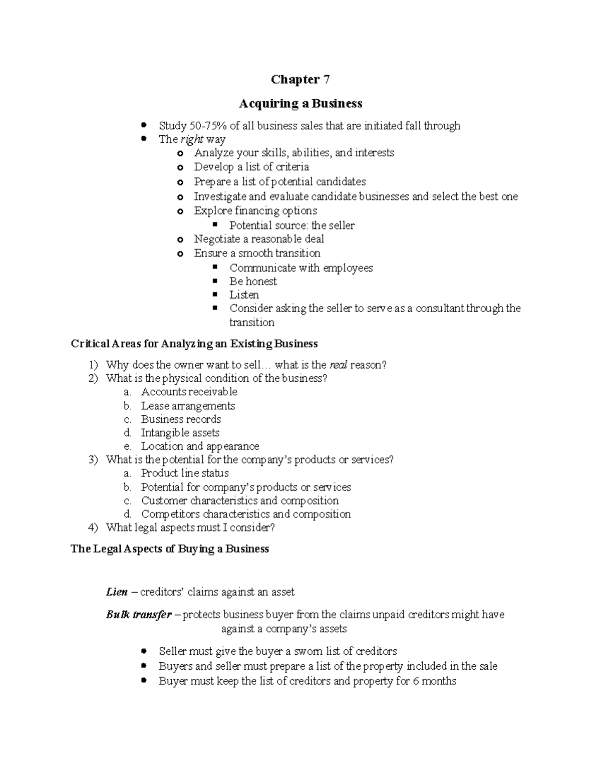 Acquiring a Business - Lecture notes 1 - Chapter 7 Acquiring a Business ...