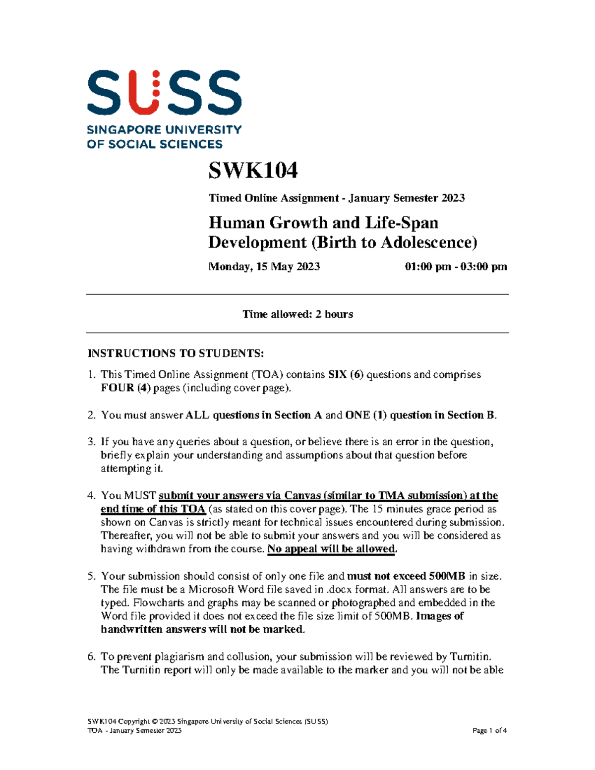 SWK104 JAN 2023 Exam Paper - SWK104 Copyright © 2023 Singapore ...