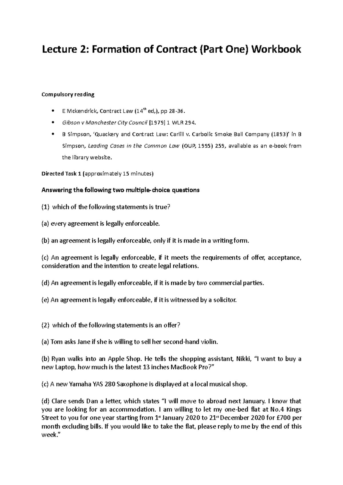 Workbook 2 Formation of Contract - Lecture 2: Formation of Contract ...