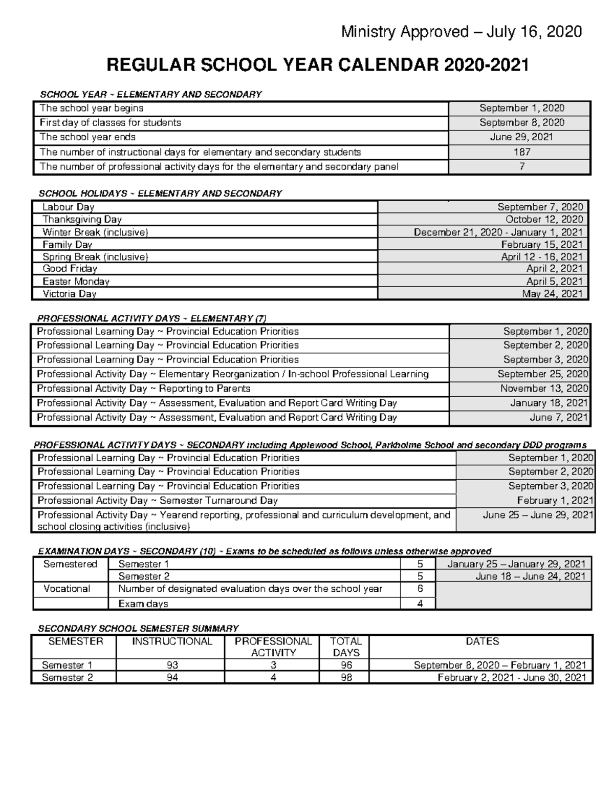 School Year Calendar 2020 2021 Regular Elementary and Secondary chart ...