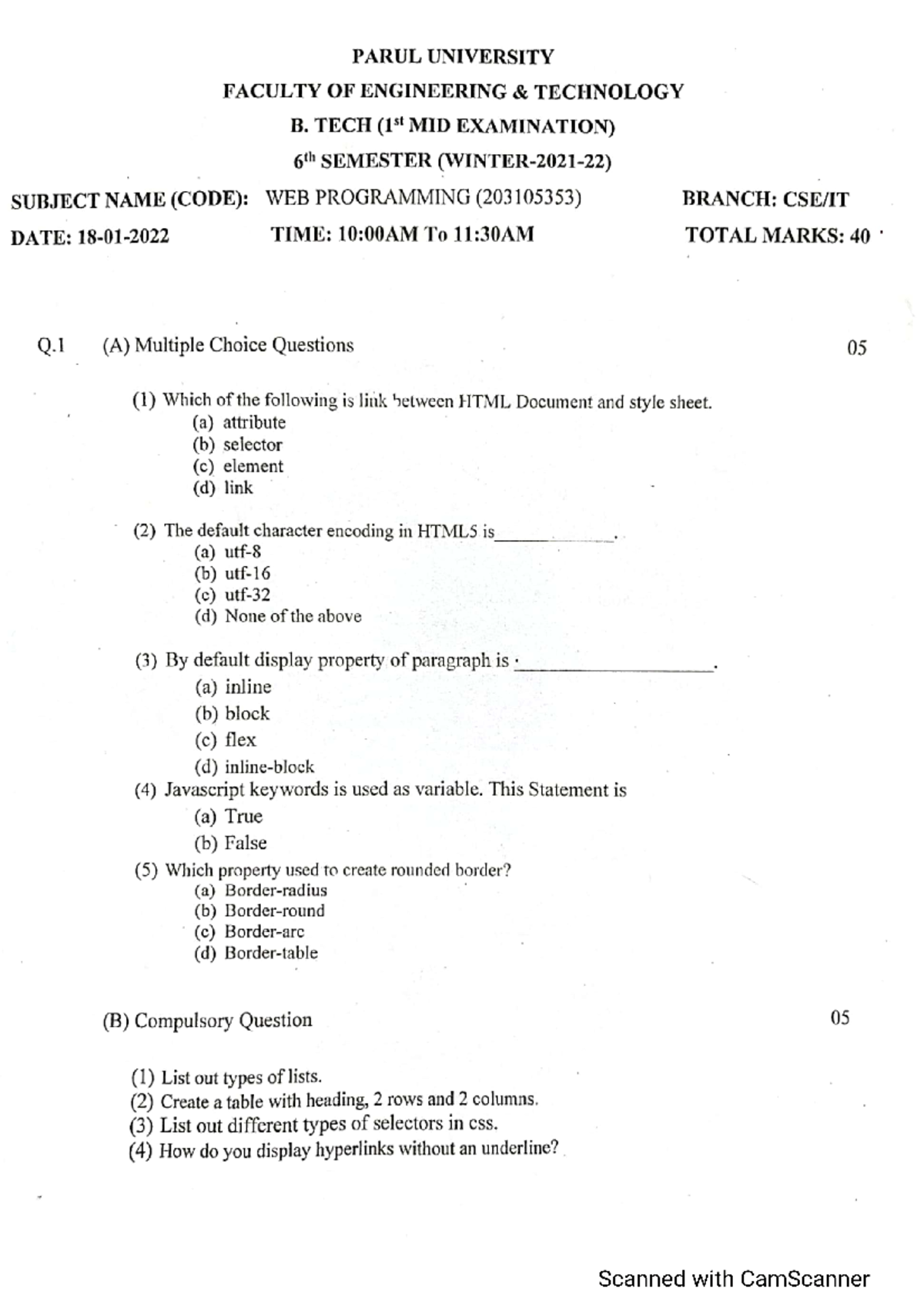 WP Mid Sem QP - PSNM - B.tech CSE - Studocu