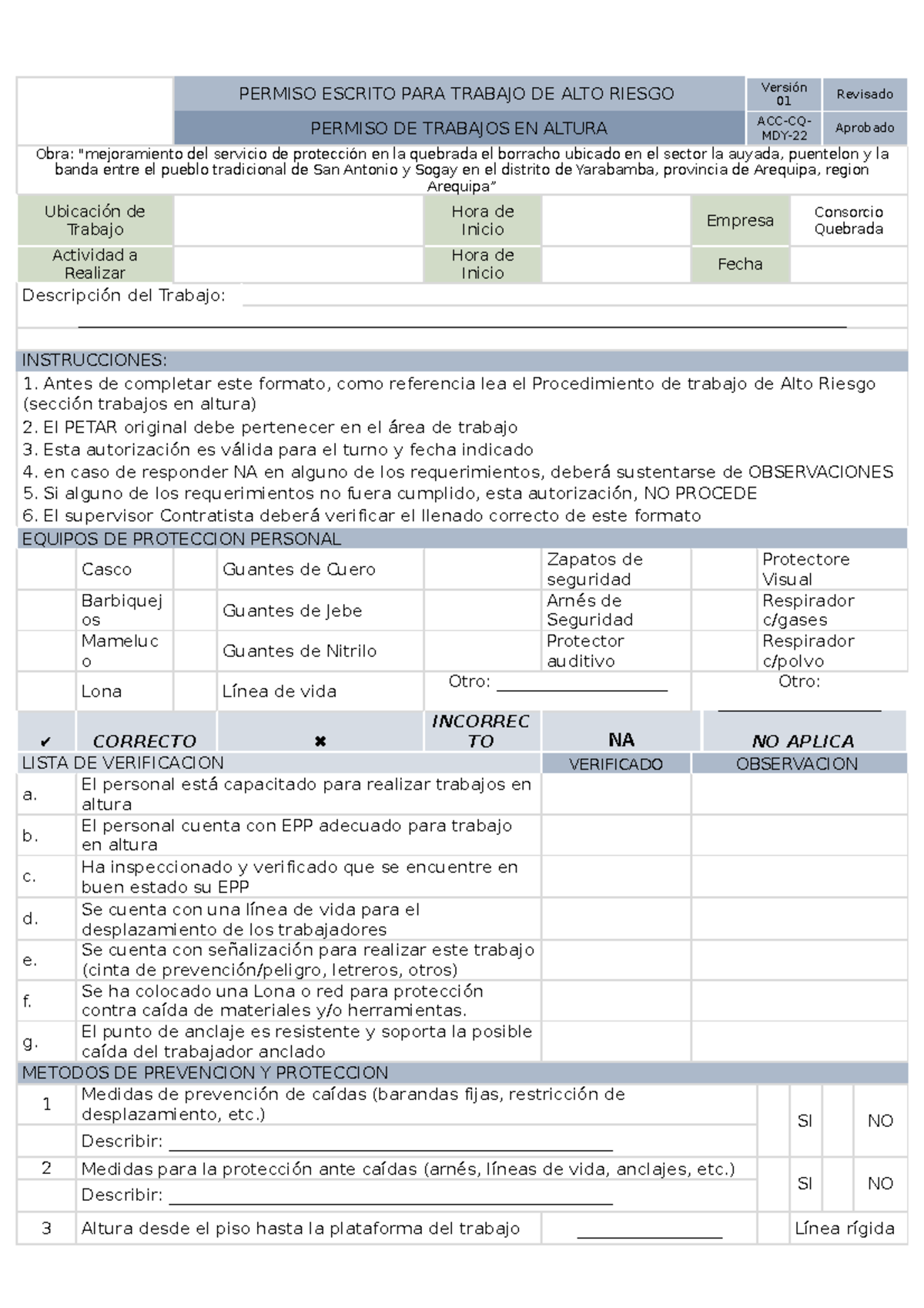 Petar Altura - Seguridad - PERMISO ESCRITO PARA TRABAJO DE ALTO RIESGO Versión 01 Revisado ...