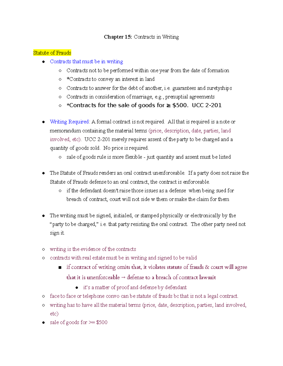 LAW Final Study Sheet - Chapter 15: Contracts in Writing Statute of ...