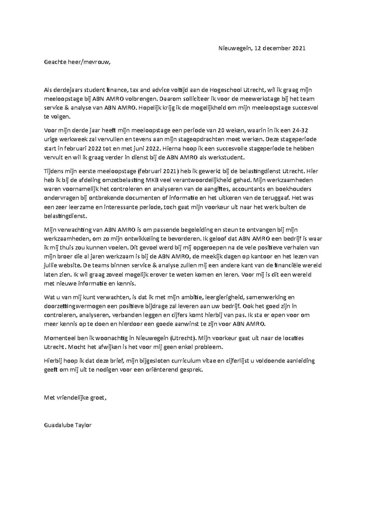 Motivatiebrief G. Taylor (ABN) - Nieuwegein, 12 december 2021 Geachte ...