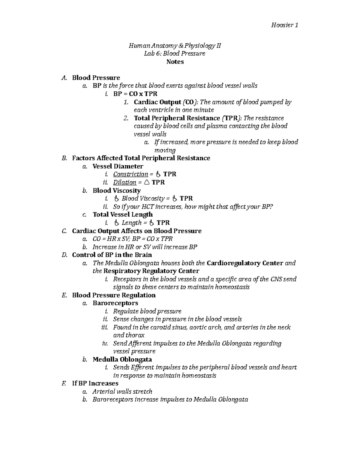 Blood Pressure Lab Overview Notes - Human Anatomy & Physiology II Lab 6 ...