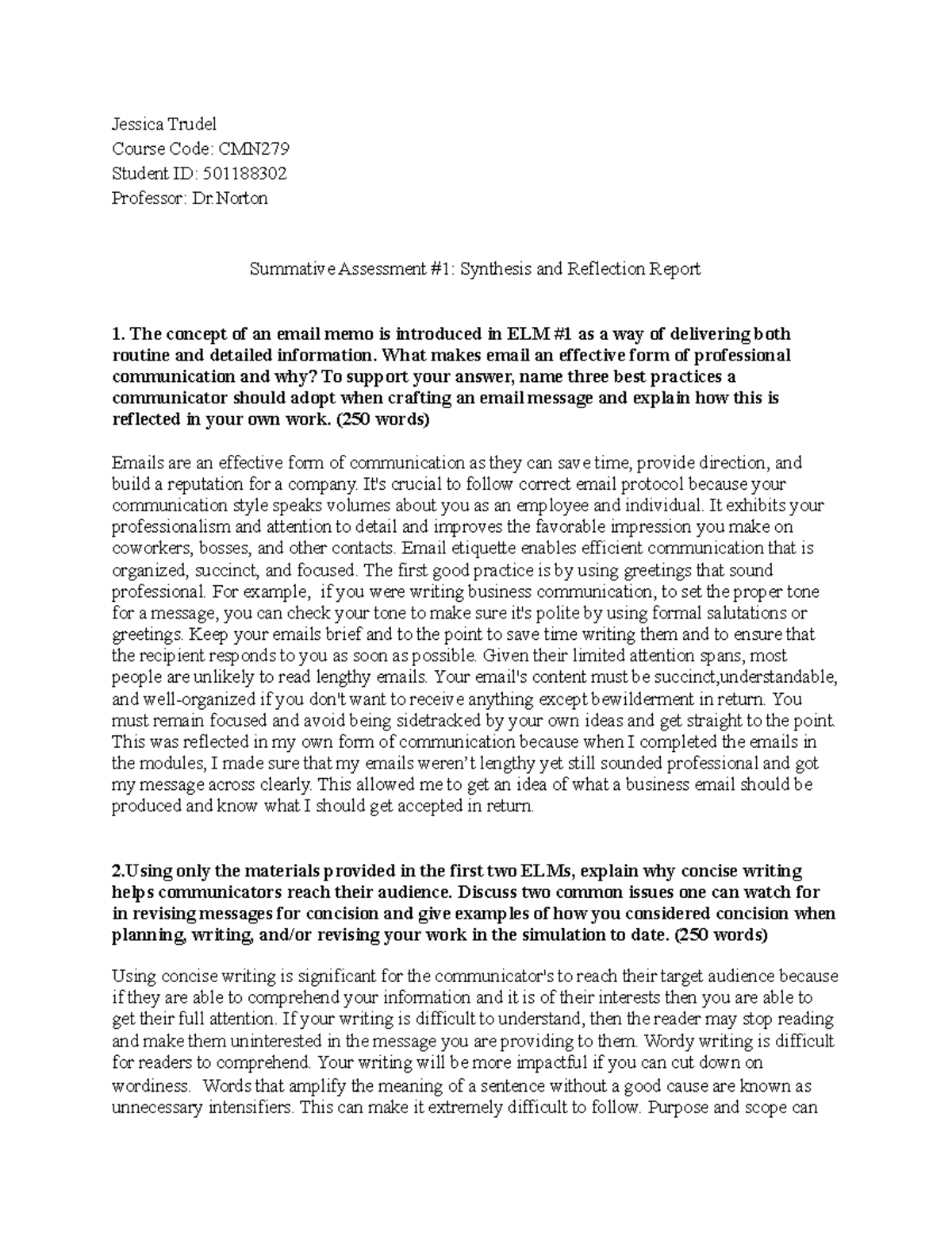 Summative Assessment #1 Synthesis and Reflection Report - Jessica ...