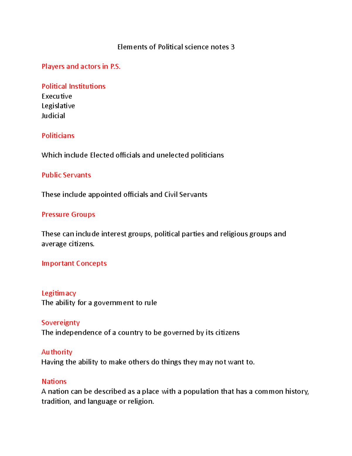 Elements of Political science notes 3 - Political Institutions ...