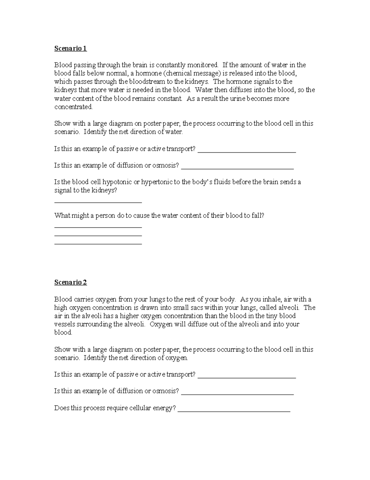 Practice worksheet scenarios - Scenario 1 Blood passing through the ...