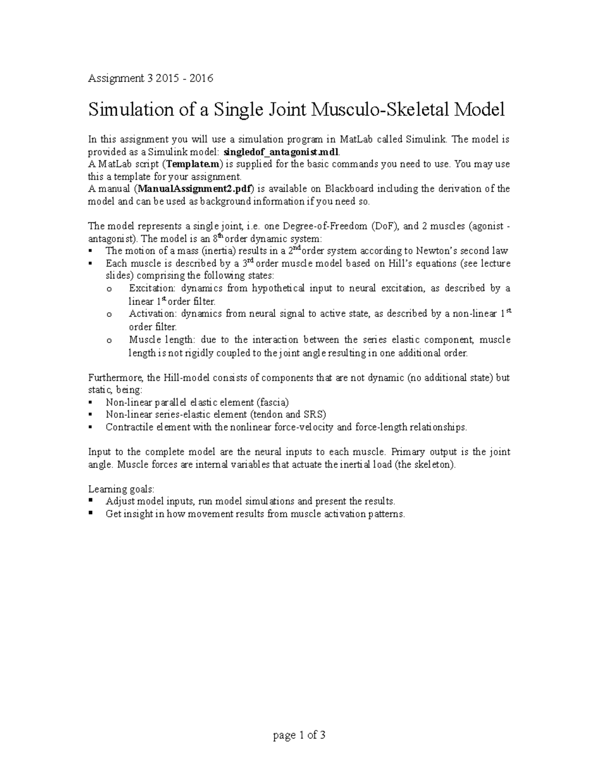 Practical - Assignment 3 Elbow Model - Assignment 3 2015 - 2016 ...