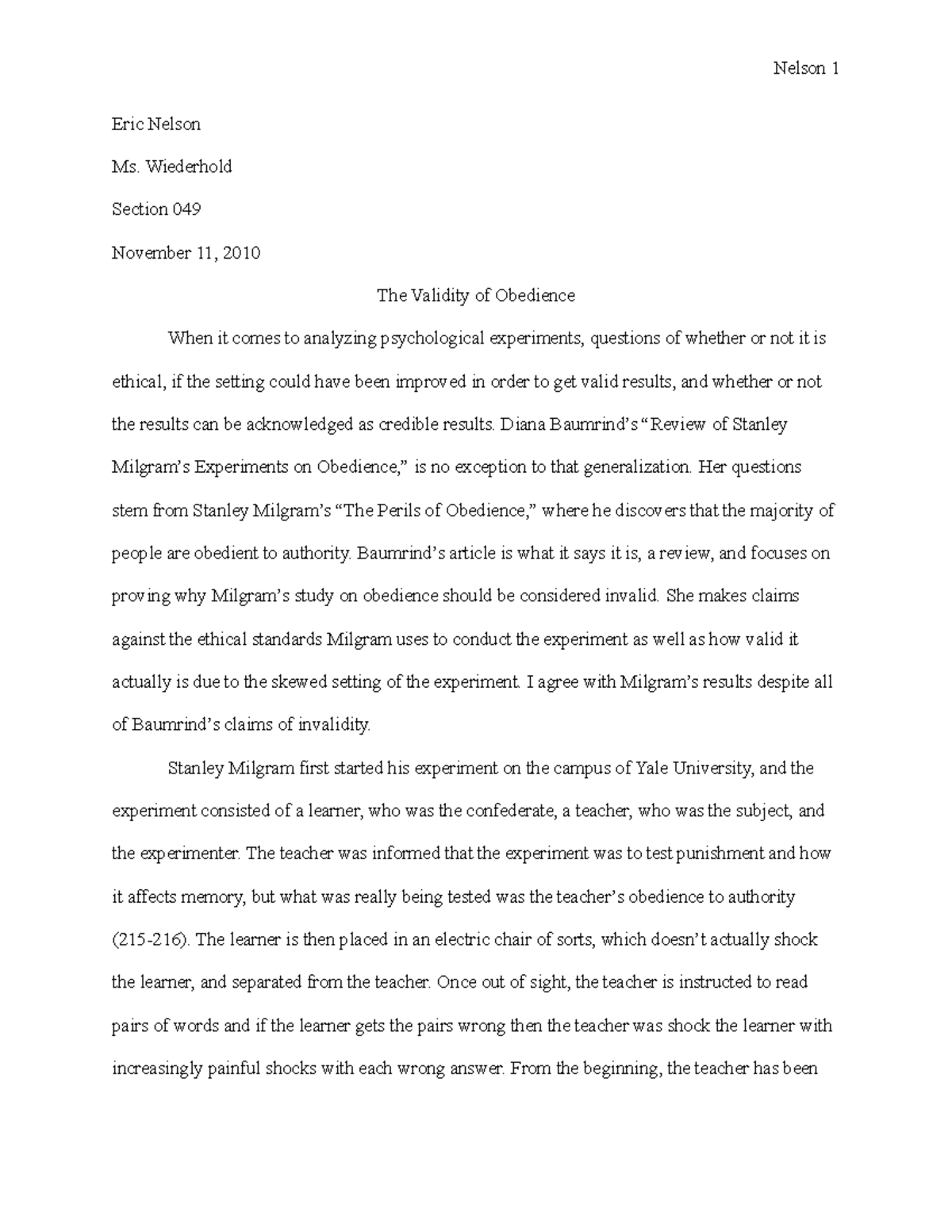 Paper 3 Validity of Obedience - Eric Nelson Ms. Wiederhold Section 049 ...