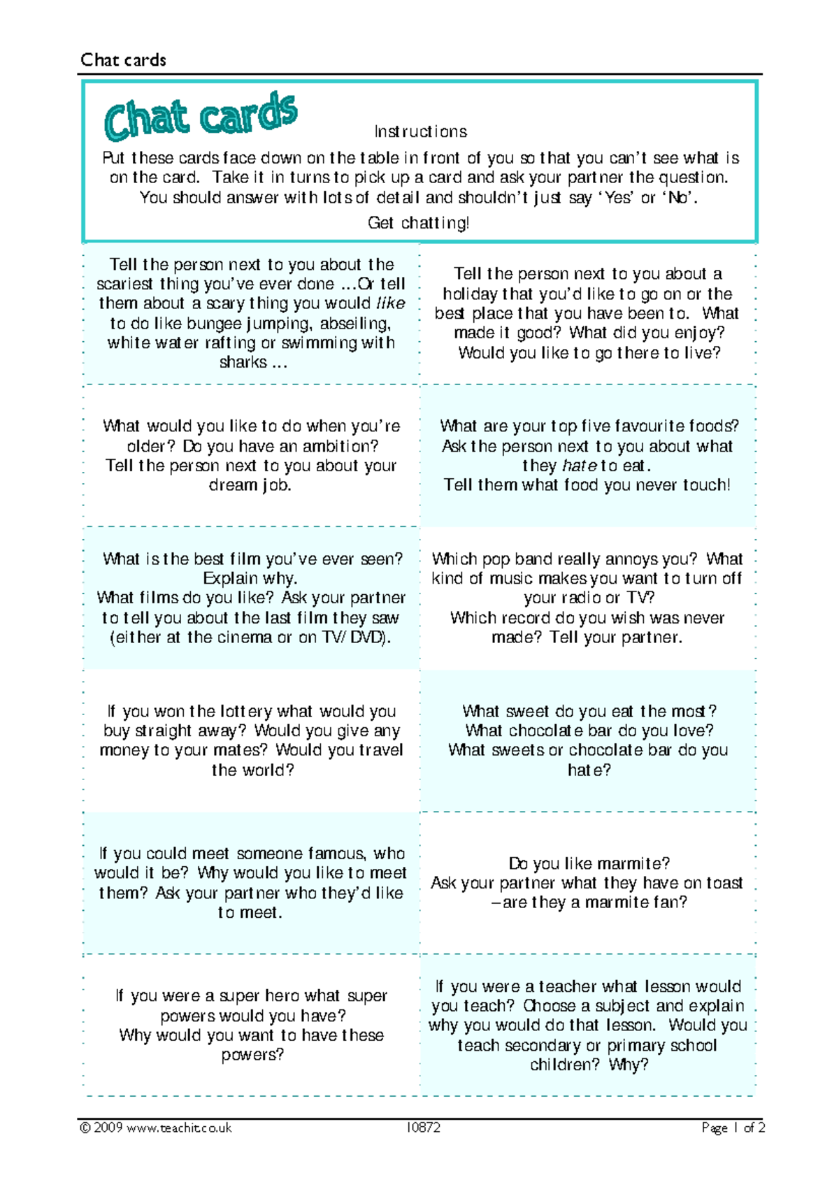 Chat Cards - Chat cards © 2009 teachit.co 10872 Page 1 of 2 ...