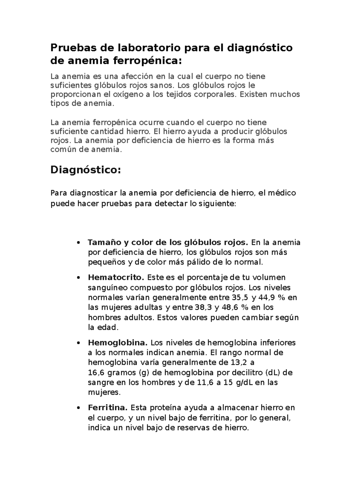 Anemia - Pruebas de laboratorio para el diagnóstico de anemia ...