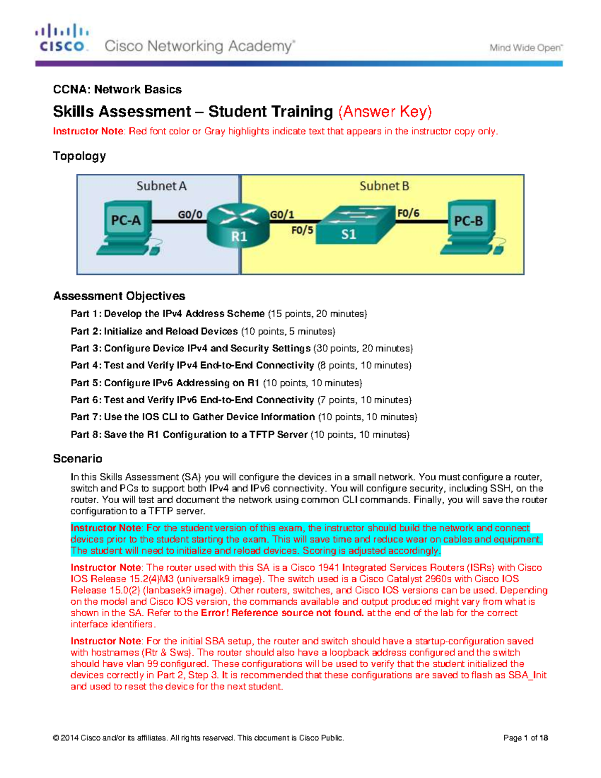 Exam, answers - CCNA: Network Basics Skills Assessment – Student ...
