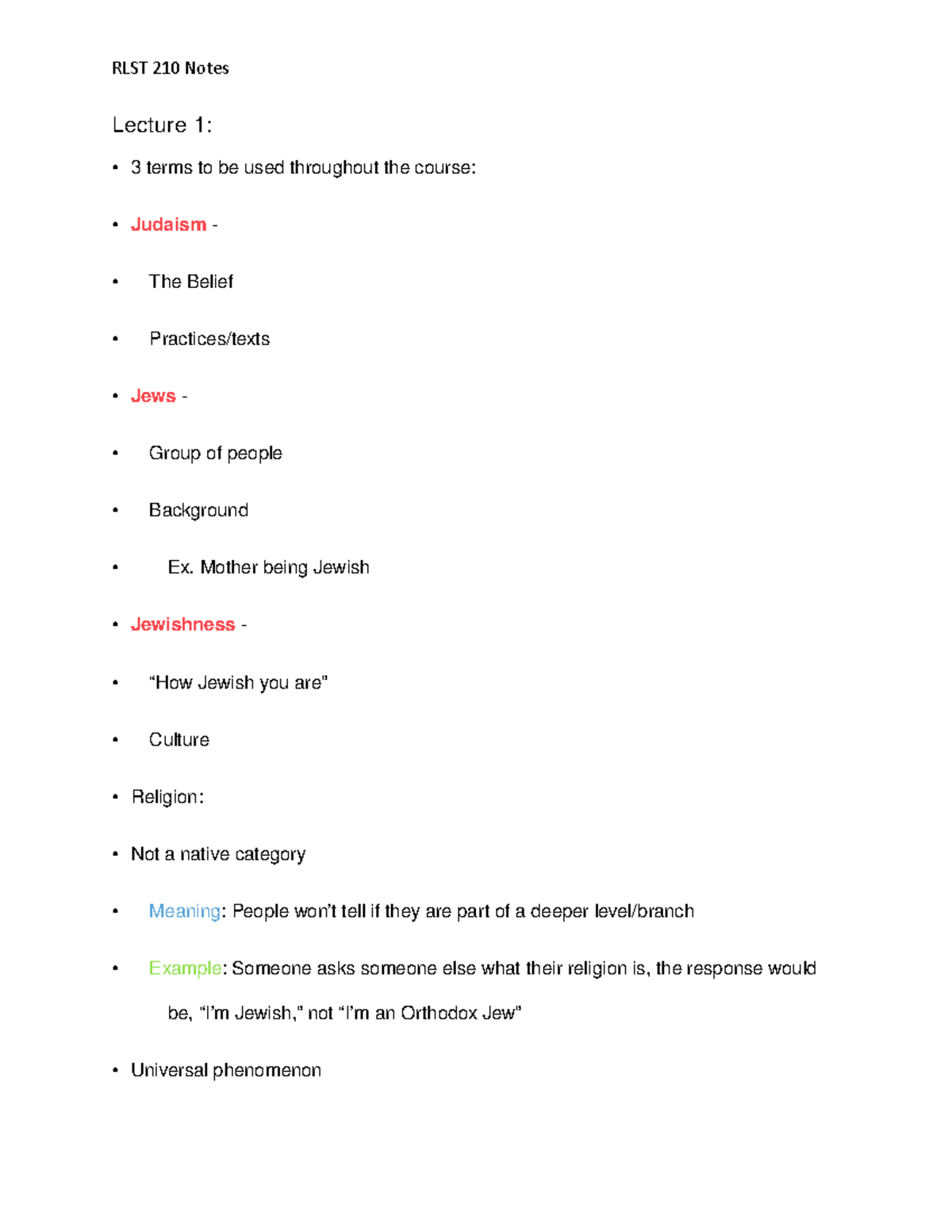 RLST 210 Lecture Notes - Took this class with Deborah Barer. Very nice ...
