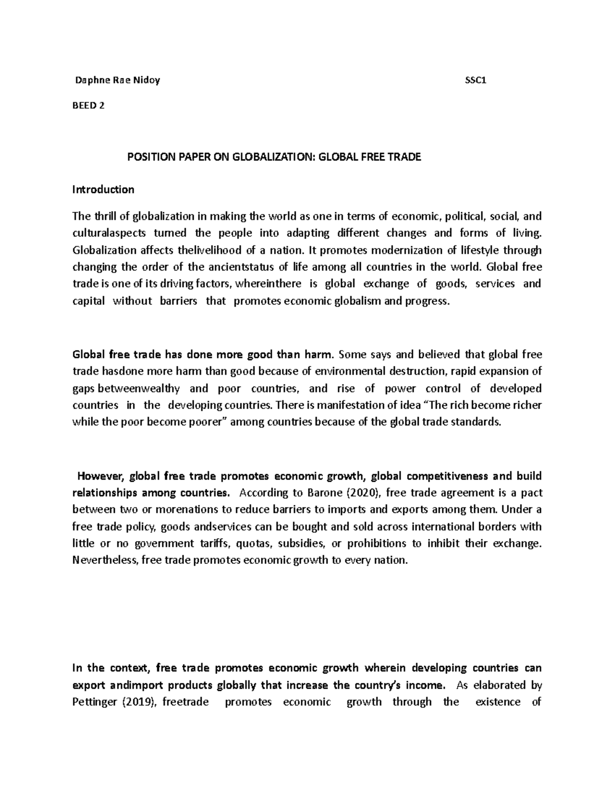 Position Paper - Daphne Rae Nidoy SSC BEED 2 POSITION PAPER ON ...