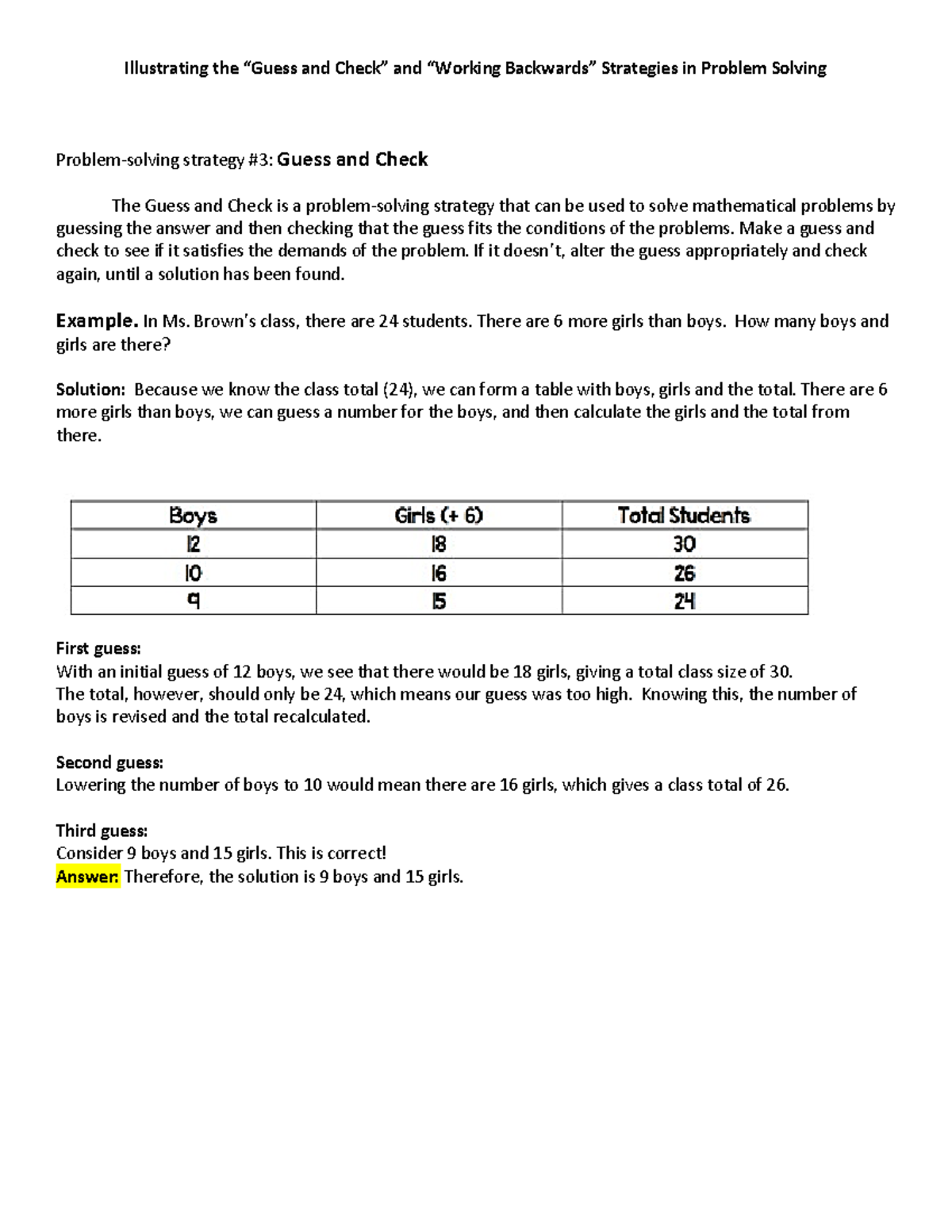 “Guess and Check” and “Working Backwards” - Make a guess and check to ...