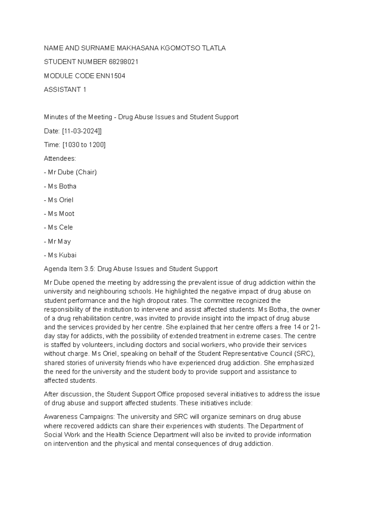 Enn as1 2024 - NAME AND SURNAME MAKHASANA KGOMOTSO TLATLA STUDENT NUMBER 68298021 MODULE CODE ...