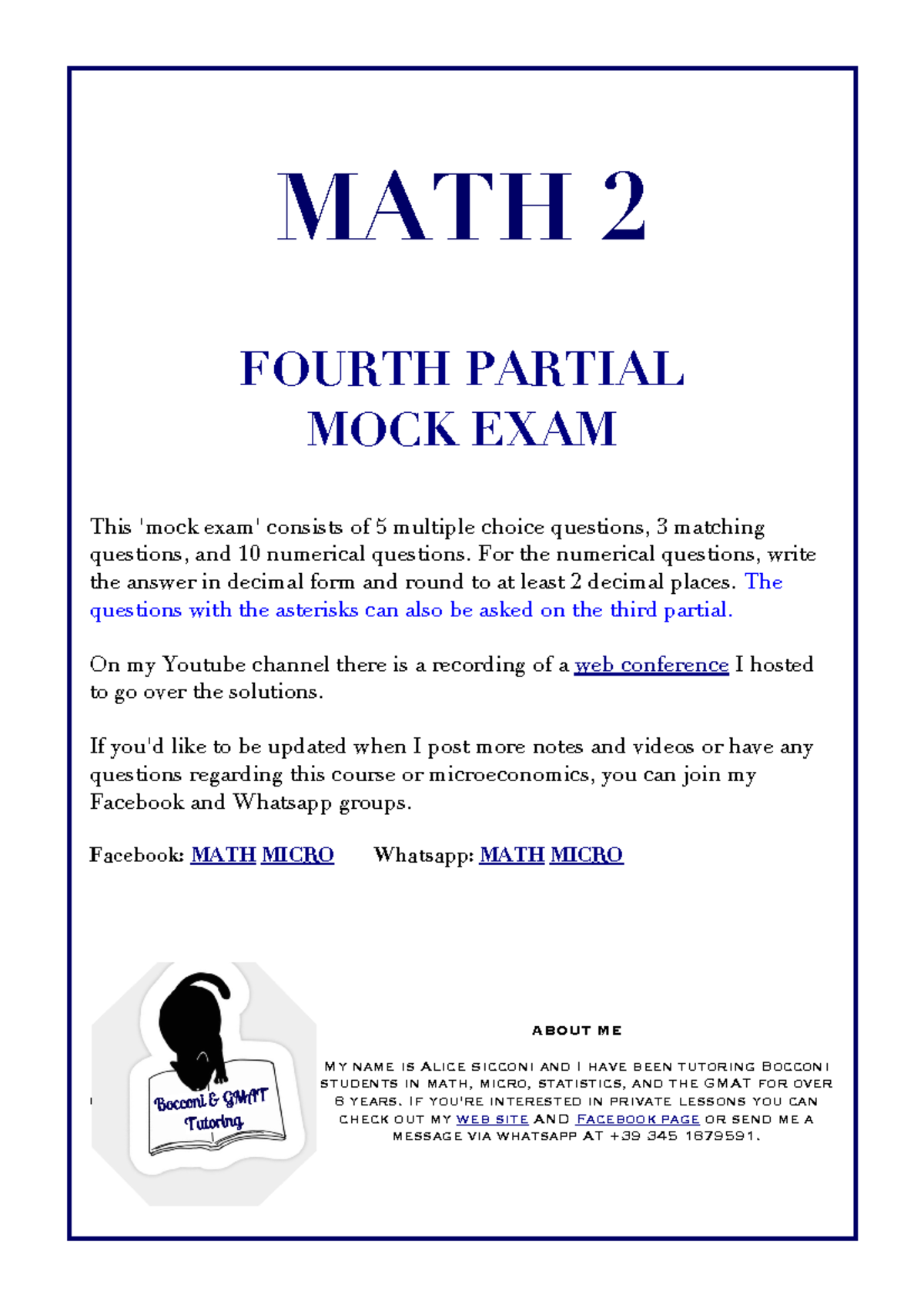 Fourth Partial Mock Exam - MATH 2 FOURTH PARTIAL MOCK EXAM This 'mock exam' consists of 5 ...
