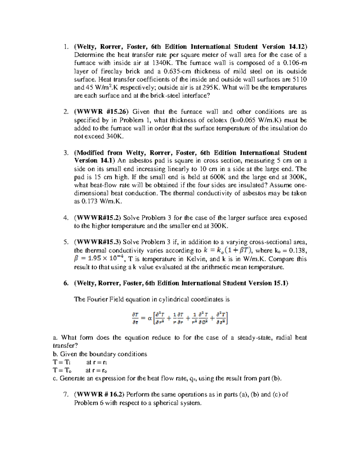 Tutorial 1-Introductory Conduction Heat Transfer Problems Solutions - (Welty, Rorrer, Foster ...