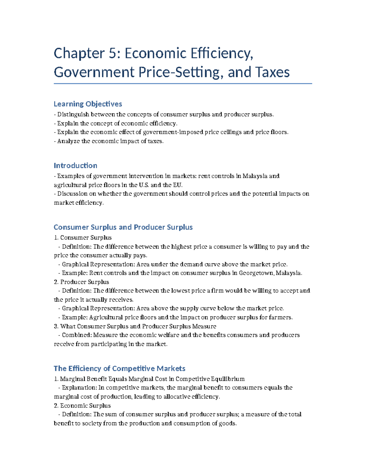 Chapter 5 Summary - Chapter 5: Economic Efficiency, Government Price ...