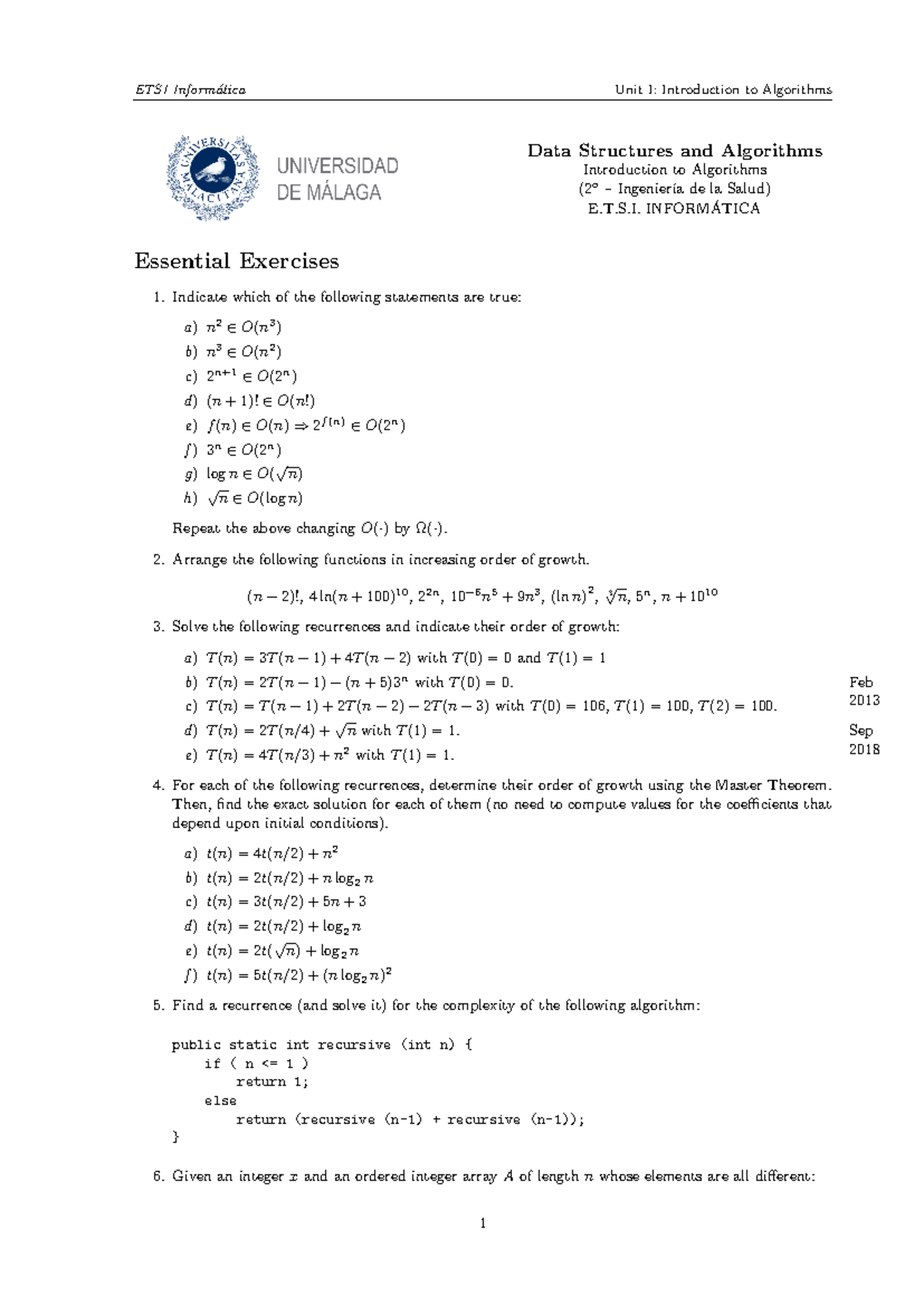 Tema1-ejercicios - Tema 1 - ETSI Inform ́atica Unit I: Introduction to Algorithms Data ...