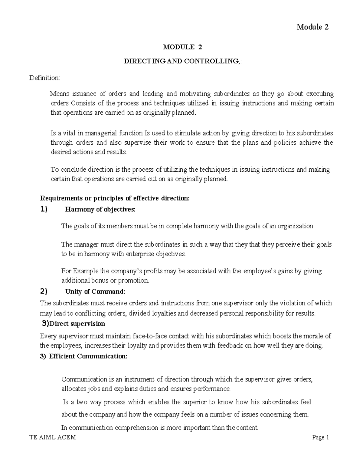 MEI Unit 2 - MANAGEMENT - Module 2 MODULE 2 DIRECTING AND CONTROLLING ...