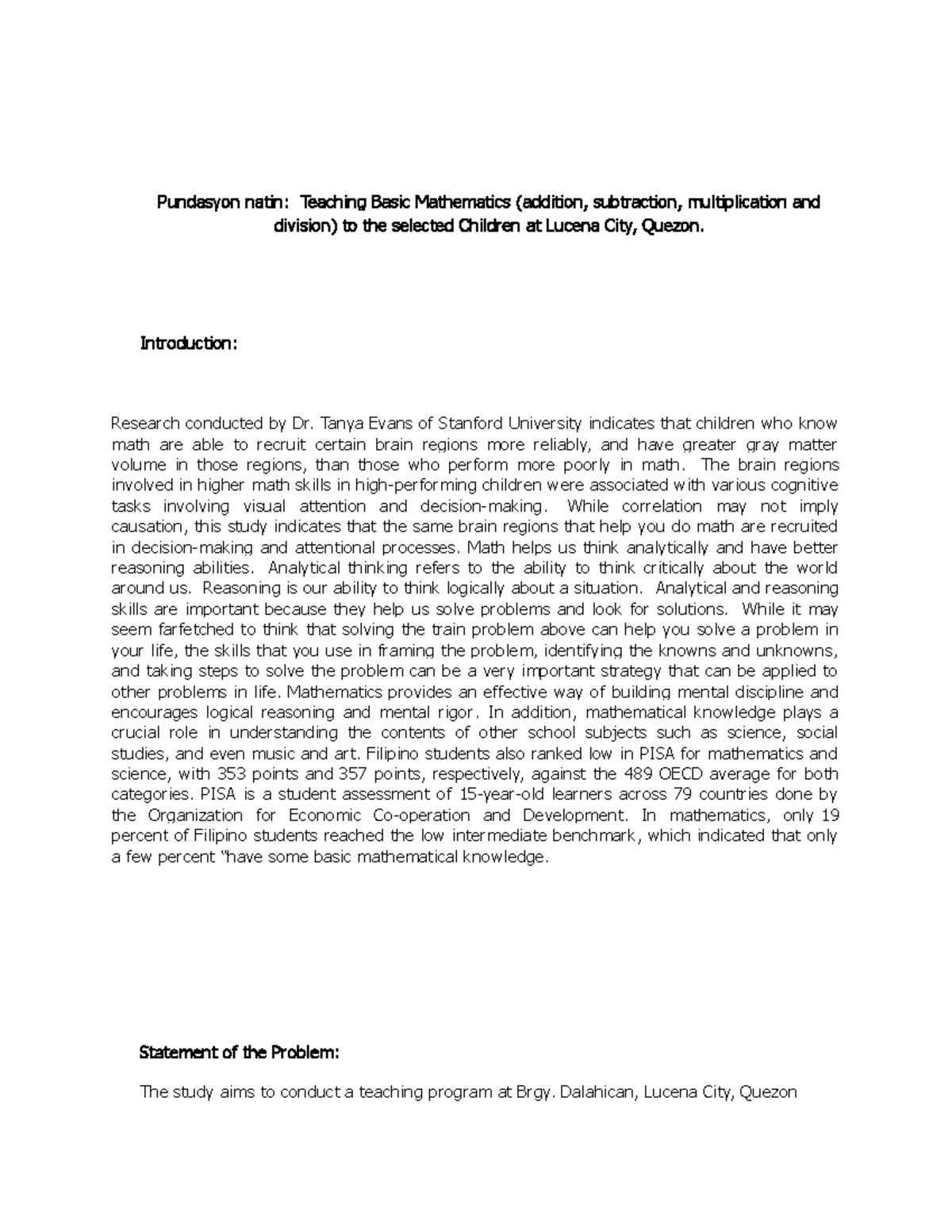 Project Proposal CWTS - Pundasyon natin: Teaching Basic Mathematics ...