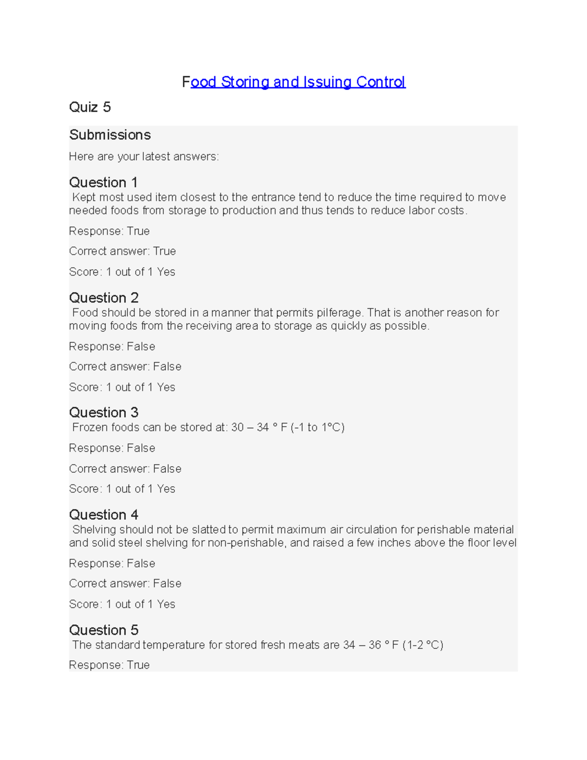Food Storing and Issuing Control quiz 5 - Food Storing and Issuing ...