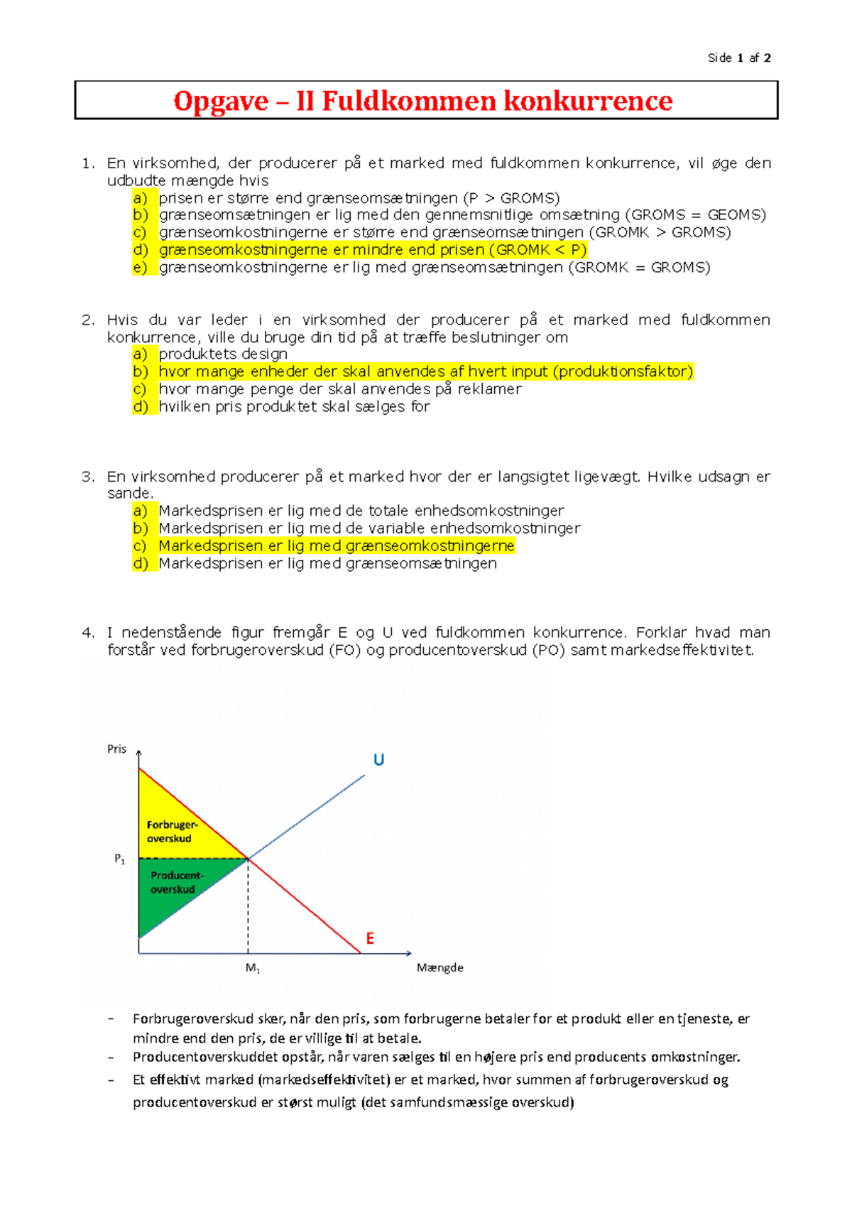 Fuldkommen konkurrence øvelsesopgave - Side 1 af 2 Opgave – II ...
