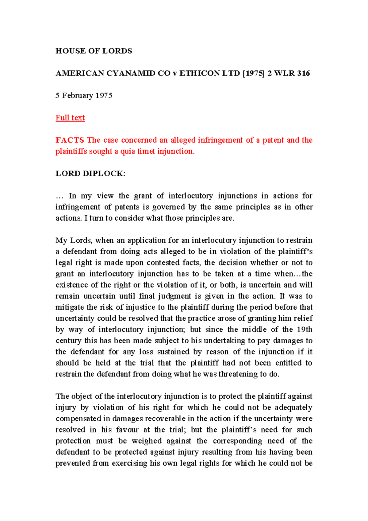 61292057 American Cyanamid Co v Ethicon Ltd 1975 2 Wlr 316 Hl - HOUSE ...