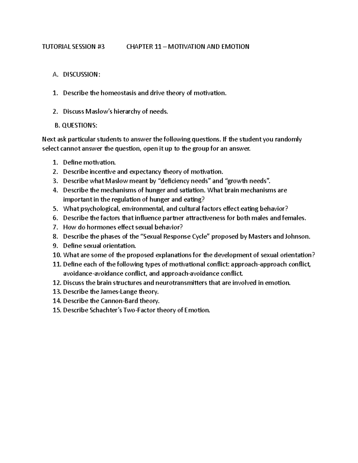 Tutorial Session 3 - yes - TUTORIAL SESSION #3 CHAPTER 11 – MOTIVATION AND EMOTION A. DISCUSSION ...