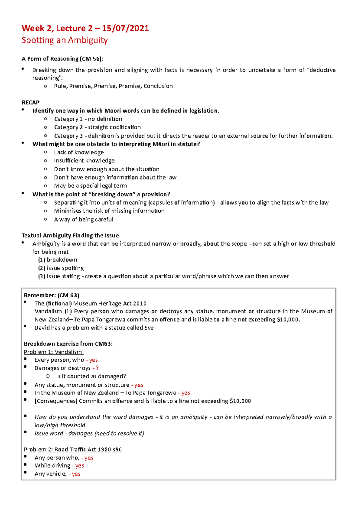 LAWS123 Week 2 Lecture 2 on Spotting an Ambiguity - Week 2, Lecture 2 – 15/07/ Spo琀񐀀ng an ...