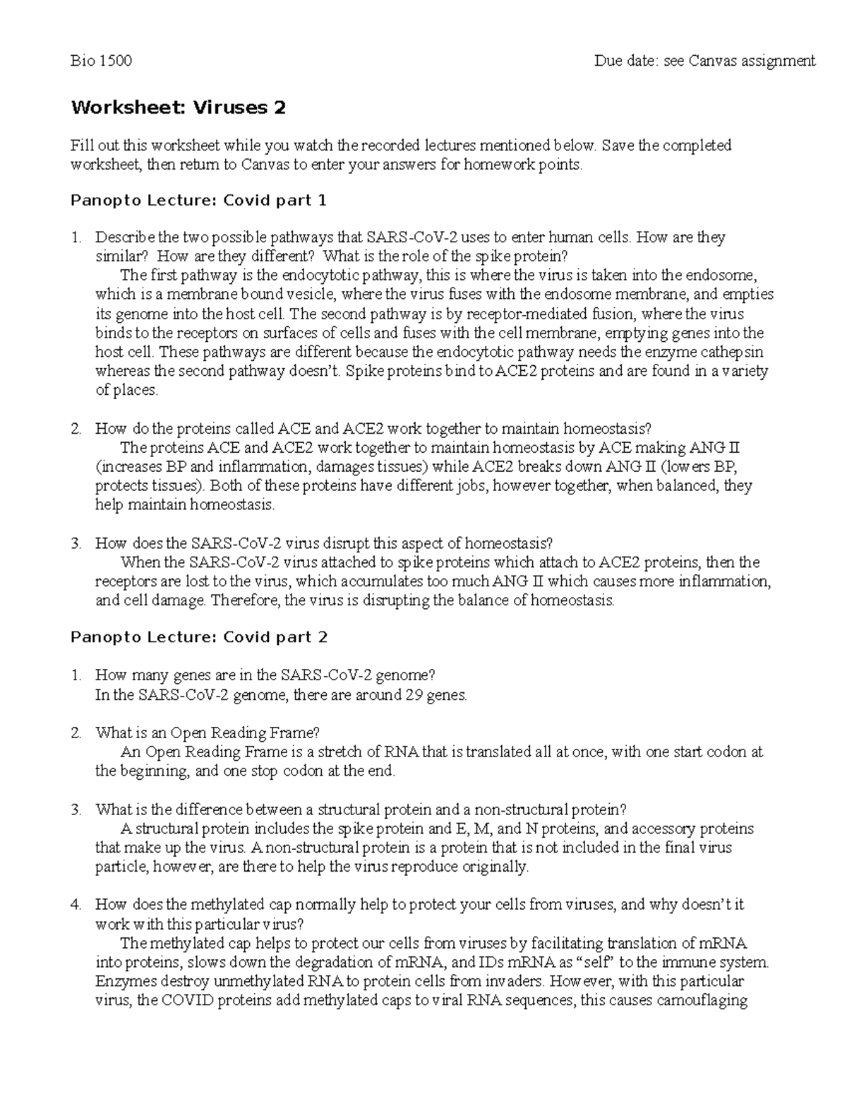 #23 viruses 2-1 - Homework 23 Dr. Liscum - Bio 1500 Due date: see ...