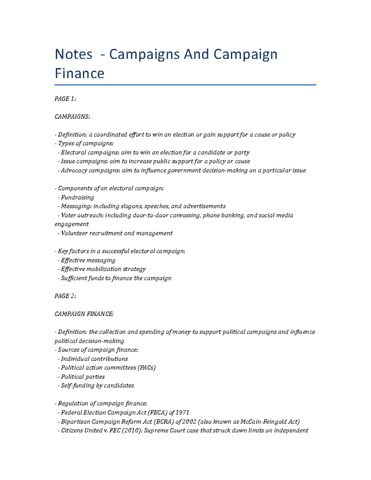 Lecture notes - Campaigns And Campaign Finance - Notes - Campaigns And ...