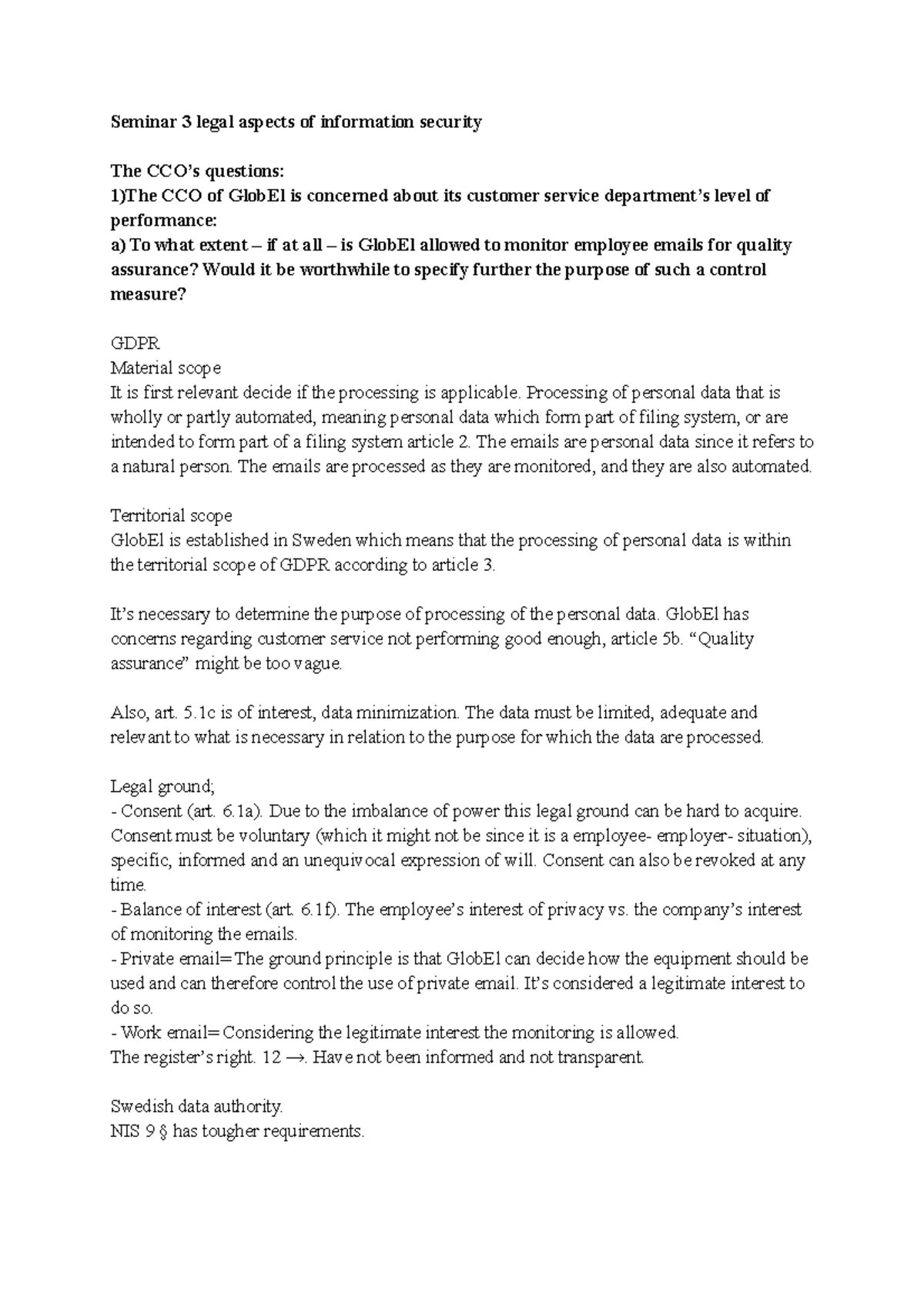 Seminar 3 legal aspects of information security - Seminar 3 legal ...