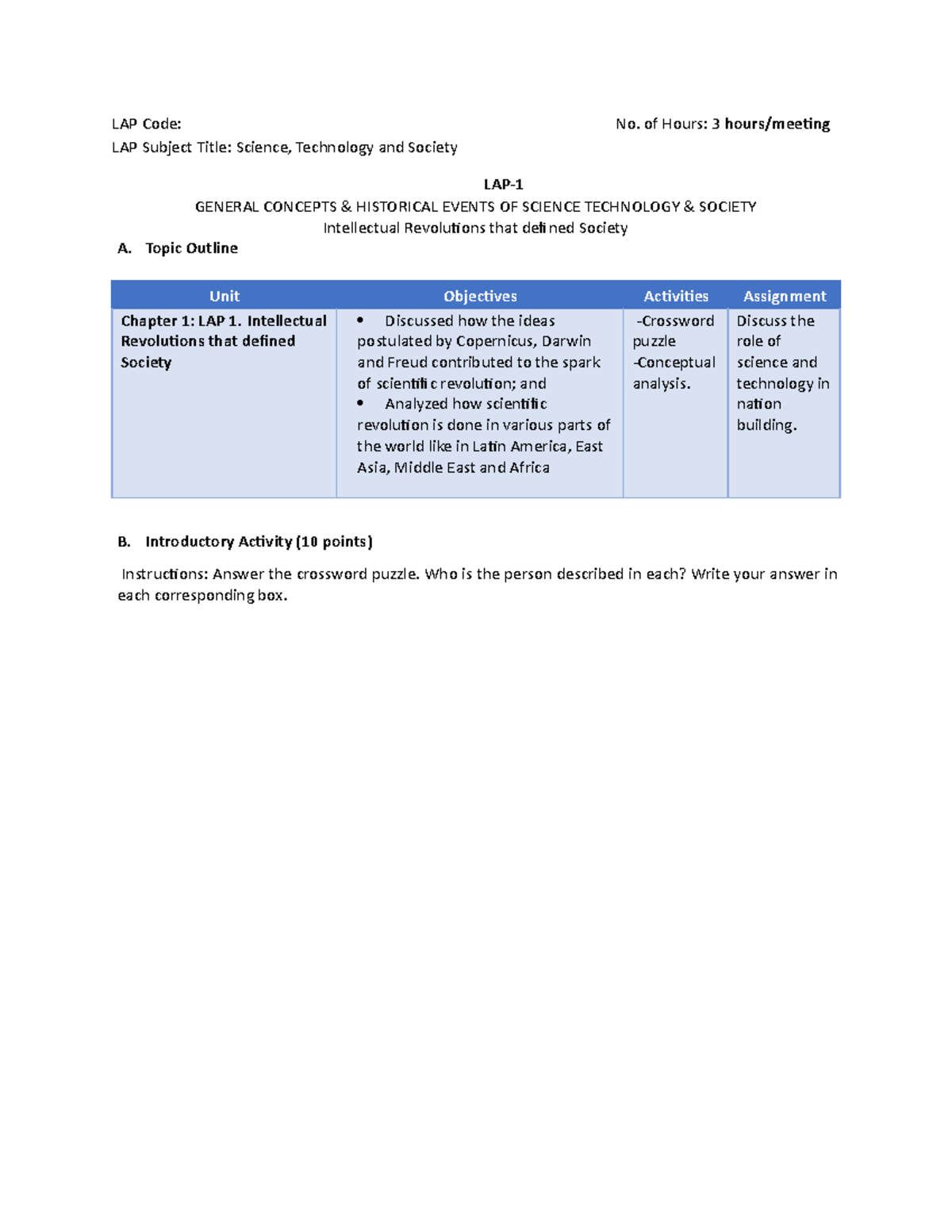 LAP 1 STS Intellectual Revolutions that defined Society - LAP Code: No ...