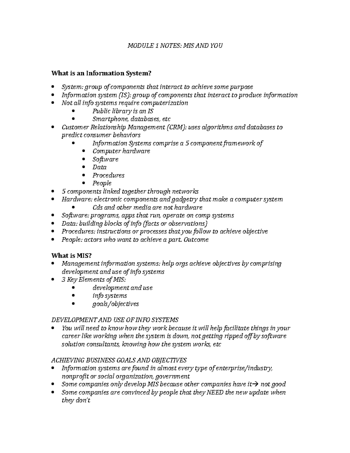 Module 1 Notes - ACC406 RYERSON UNIVERSITY - MODULE 1 NOTES: MIS AND ...