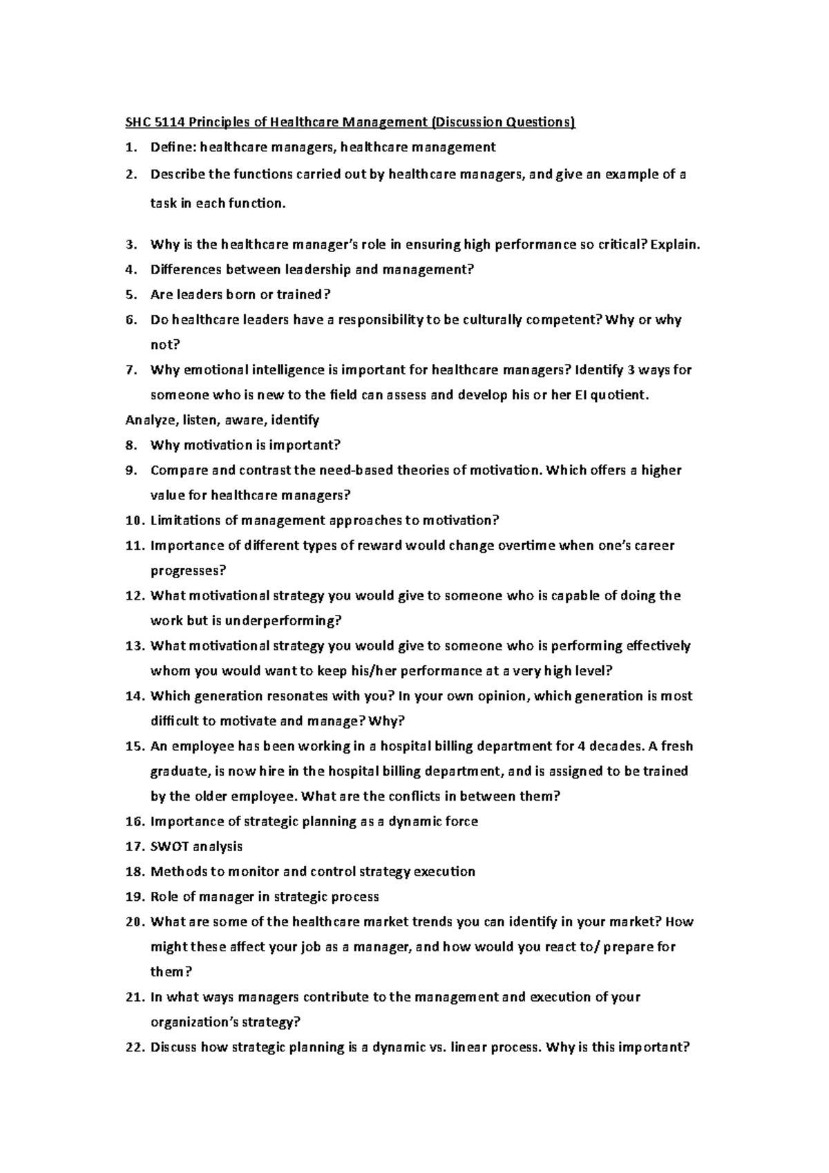 SHC 5114 Principles of Healthcare Management (Discussion Questions ...
