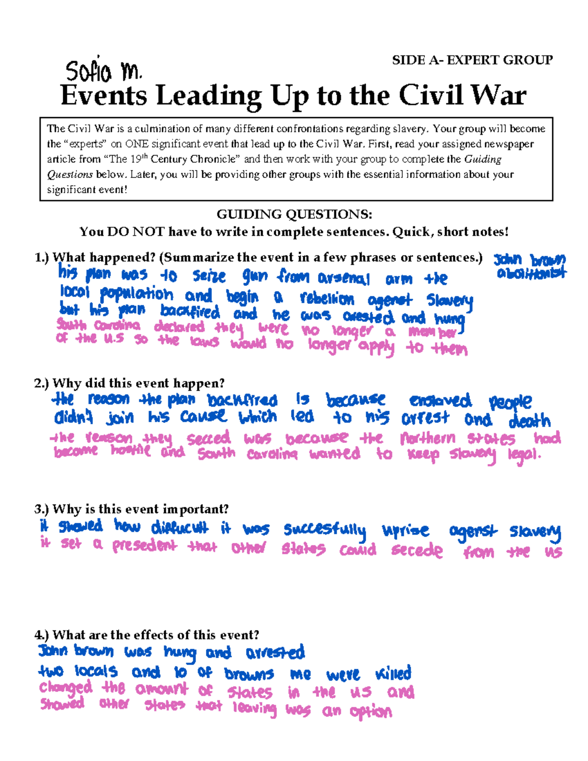 Events Leading up to the Civil War Notes - SIDE A- EXPERT GROUP GUIDING ...