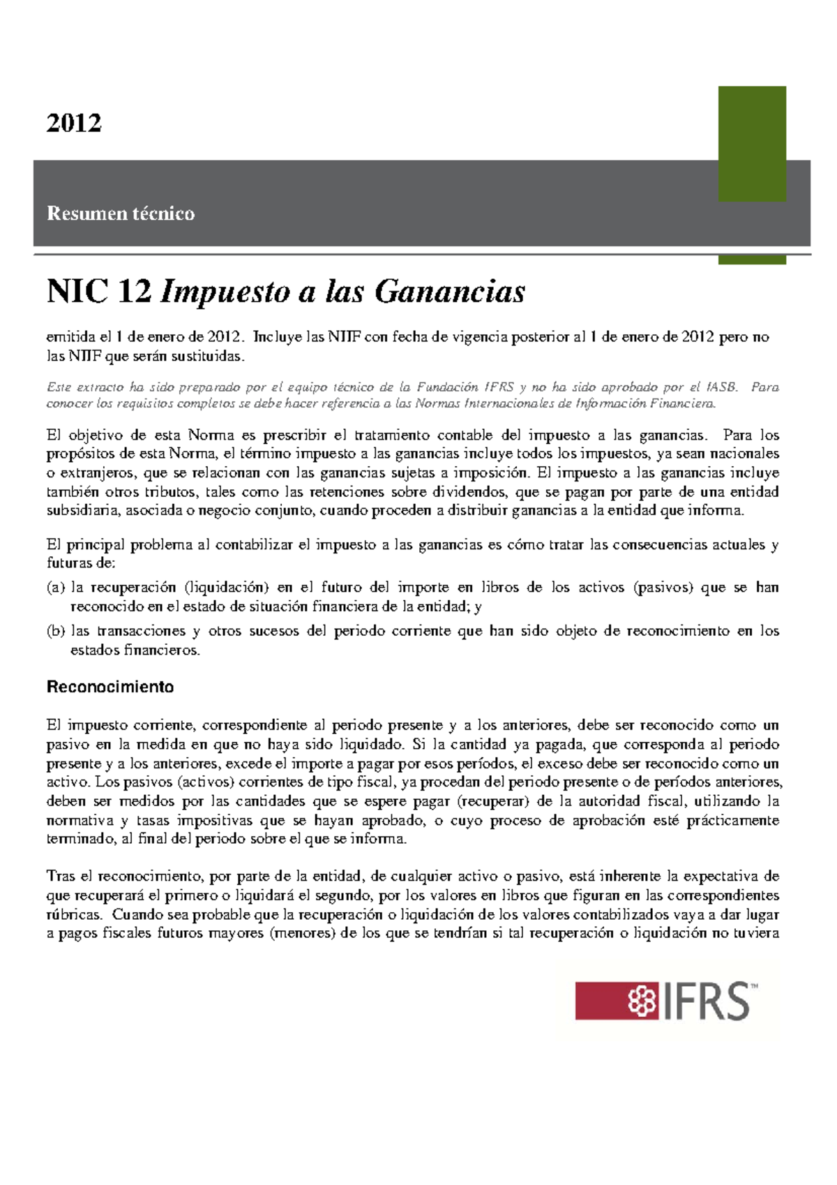 NIC 12 - NIC 12 - 2012 Resumen técnico NIC 12 Impuesto a las Ganancias ...